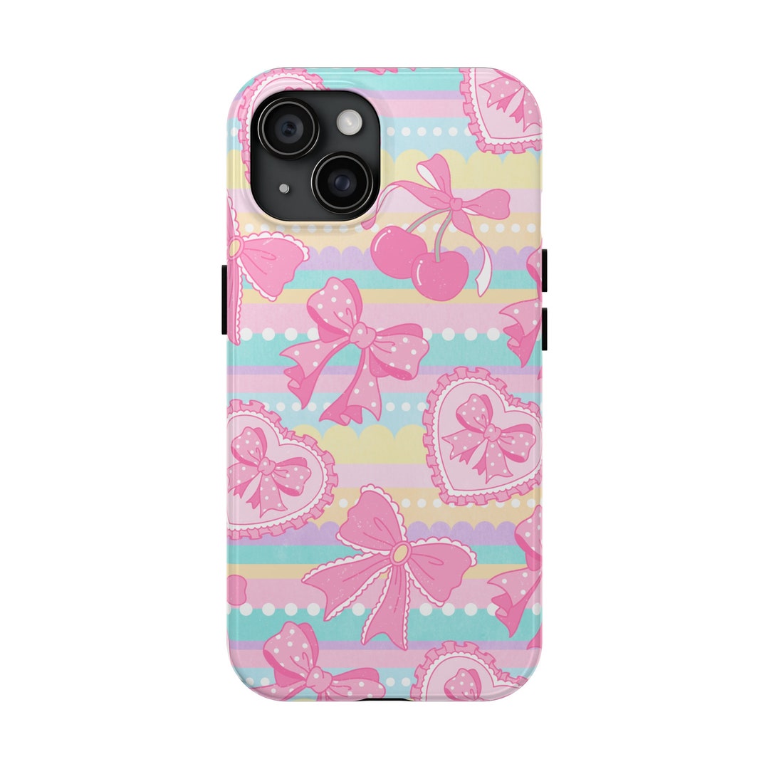 Pink Cherries and Bows Coquette Aesthetic Phone Tough Case for iPhone ...