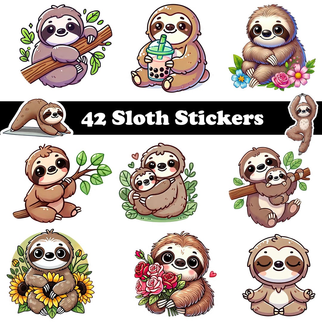 42 Sloth Sticker Bundle, Baby Animal Clipart Png for Sloth Lover ...