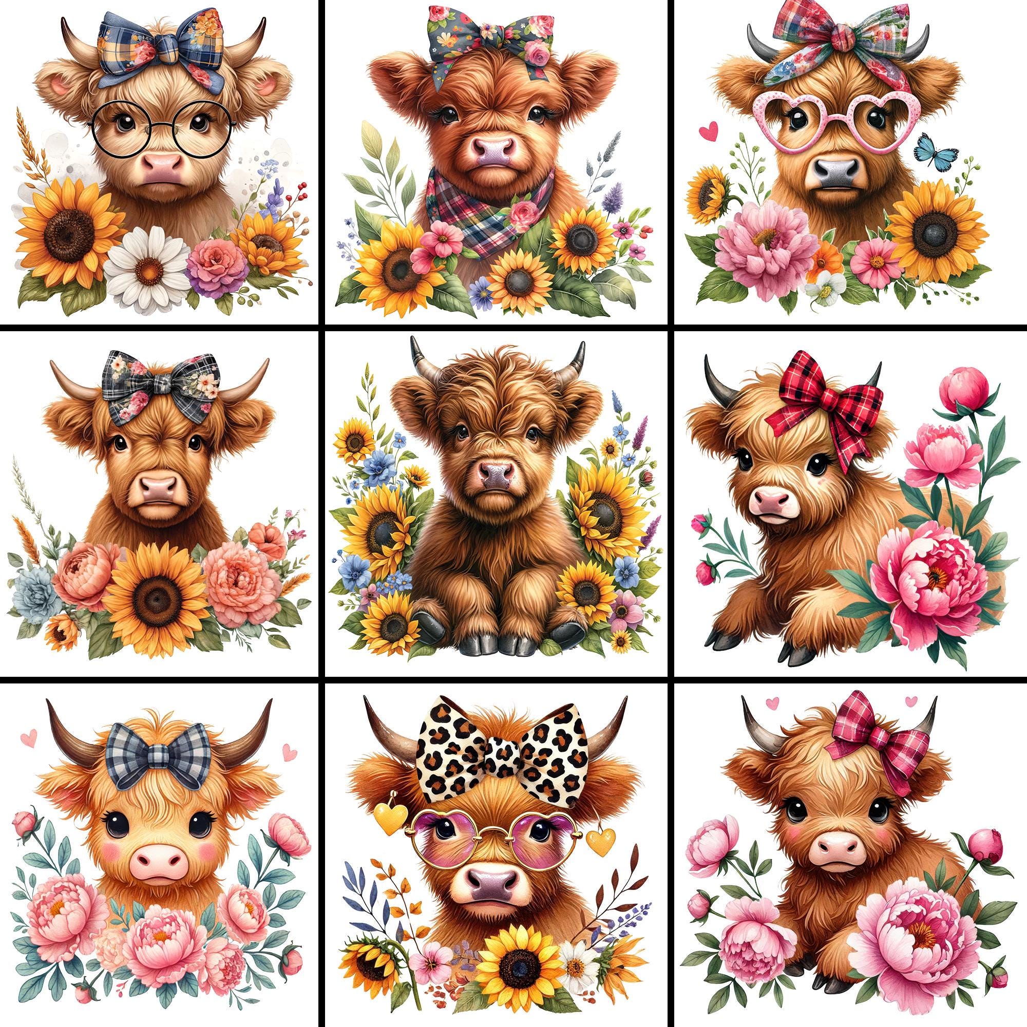 11 Spring Floral Highland Cow Bundle Png, Cow Illustration Digital ...