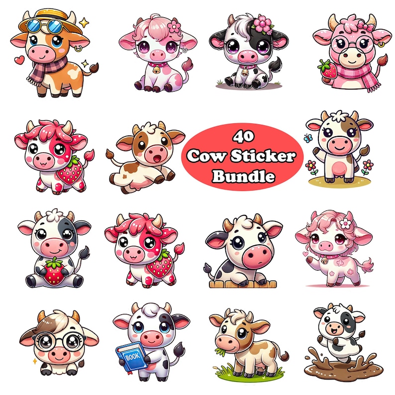 Cartoon Strawberry Cow Stickers, Cute Cow Mood Digital Stickers, Cute ...