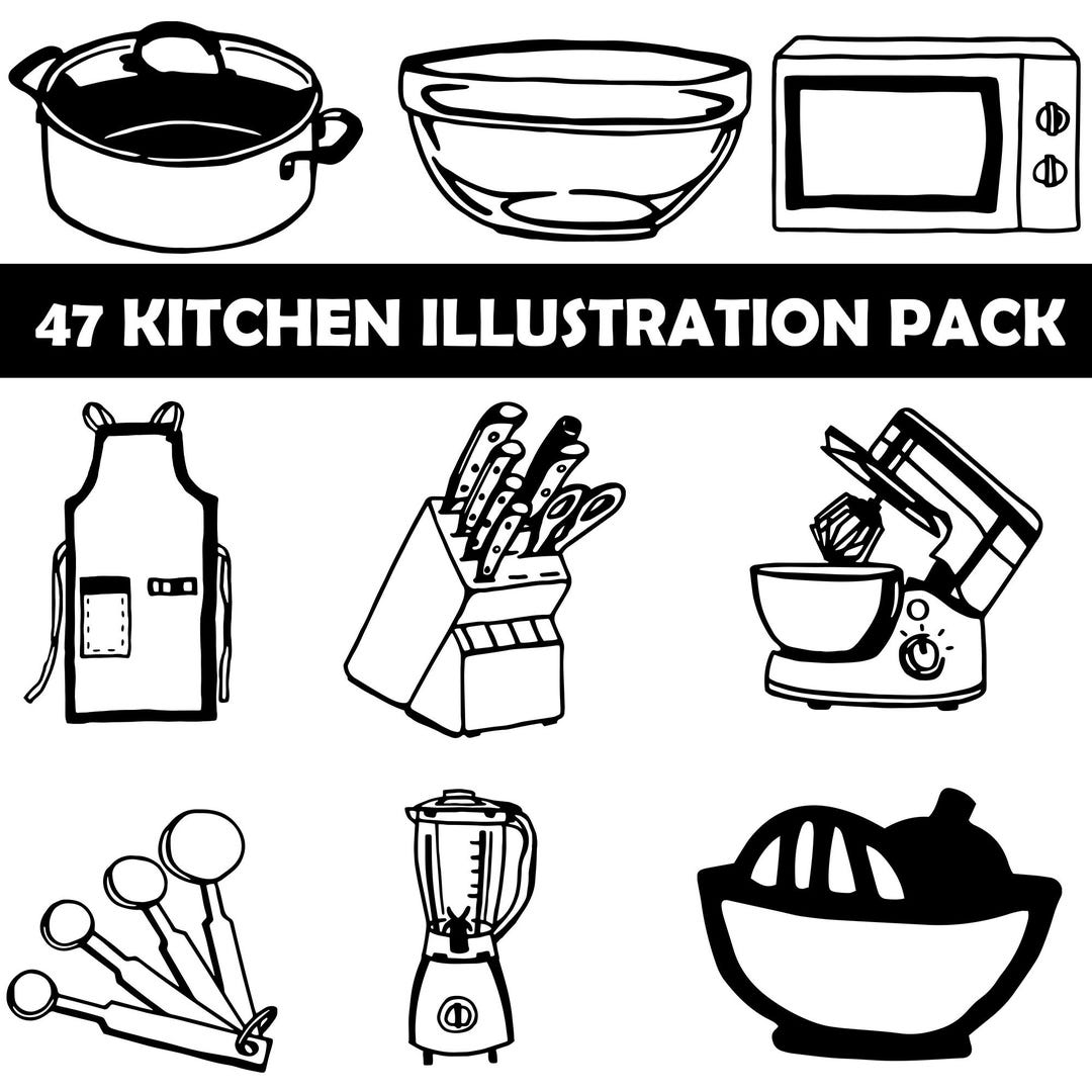 Country Kitchen Lineart Elements, Hand Drawn Illustrations, Black and ...
