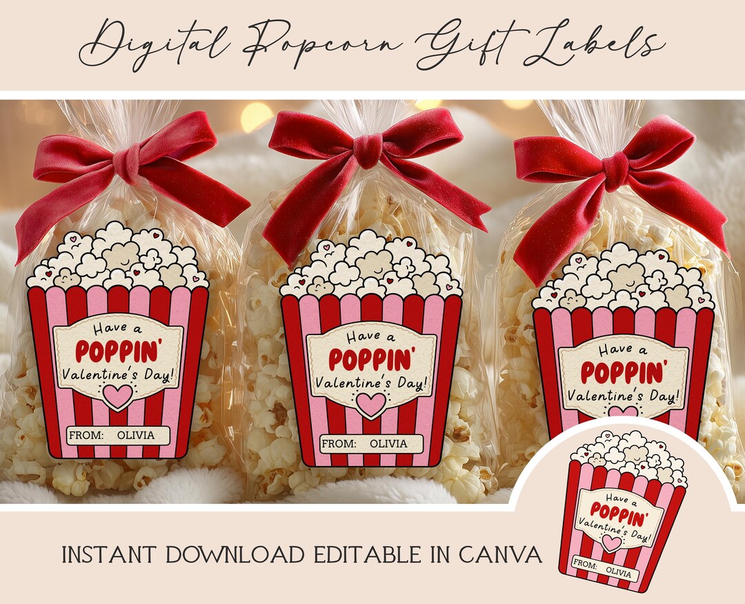 Valentine's Day Popcorn Labels Pink & Red (printable Digital Download ...