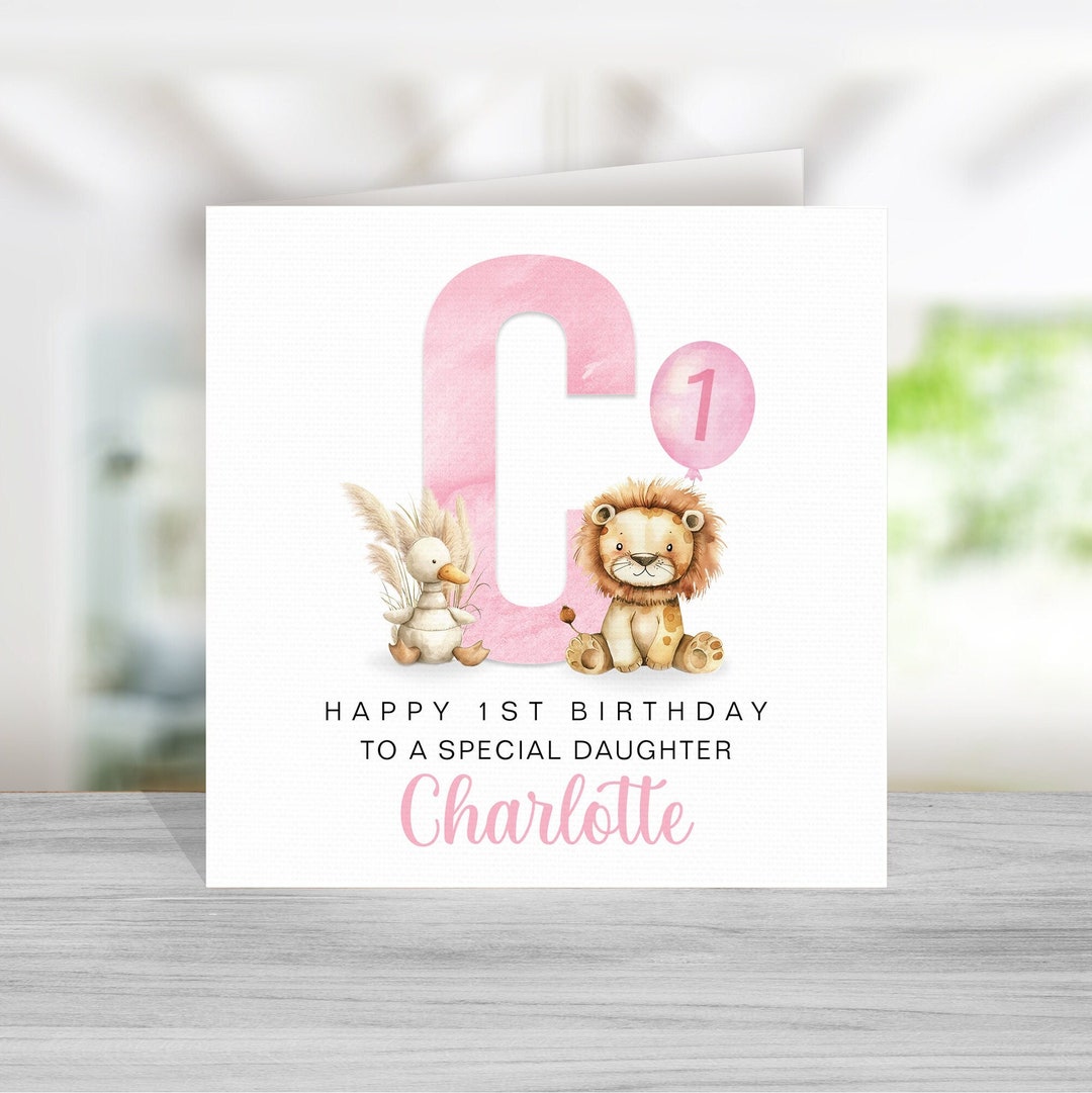 Girls Initial Alphabet Birthday Card - Personalised Lion and Duck Theme ...