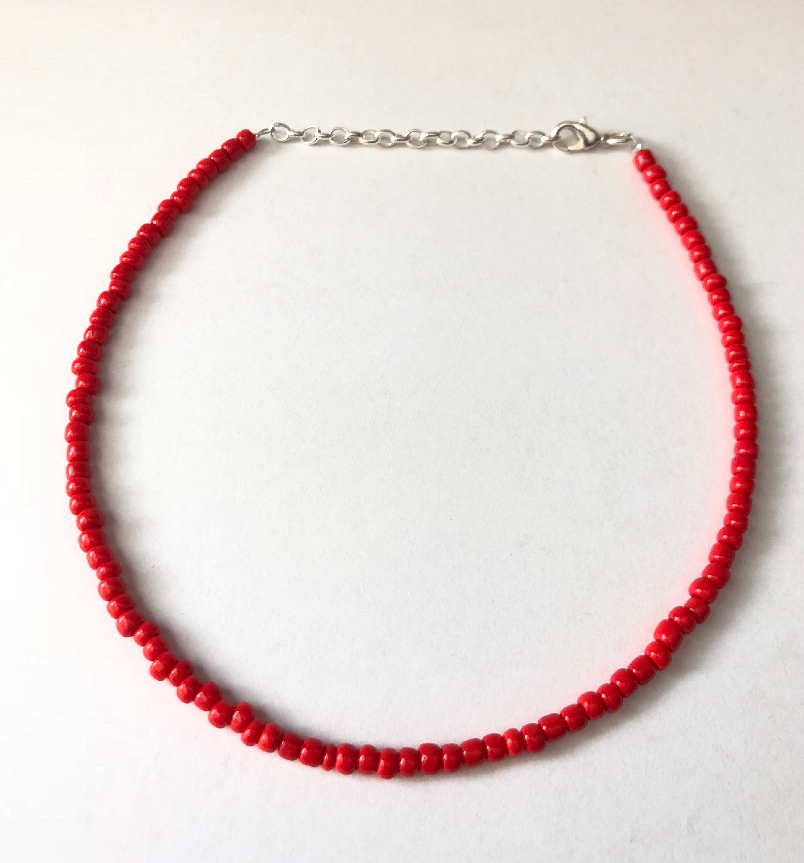 Red Bead Necklace, Boho Necklace, Red Beaded Choker, Handmade Jewelry ...