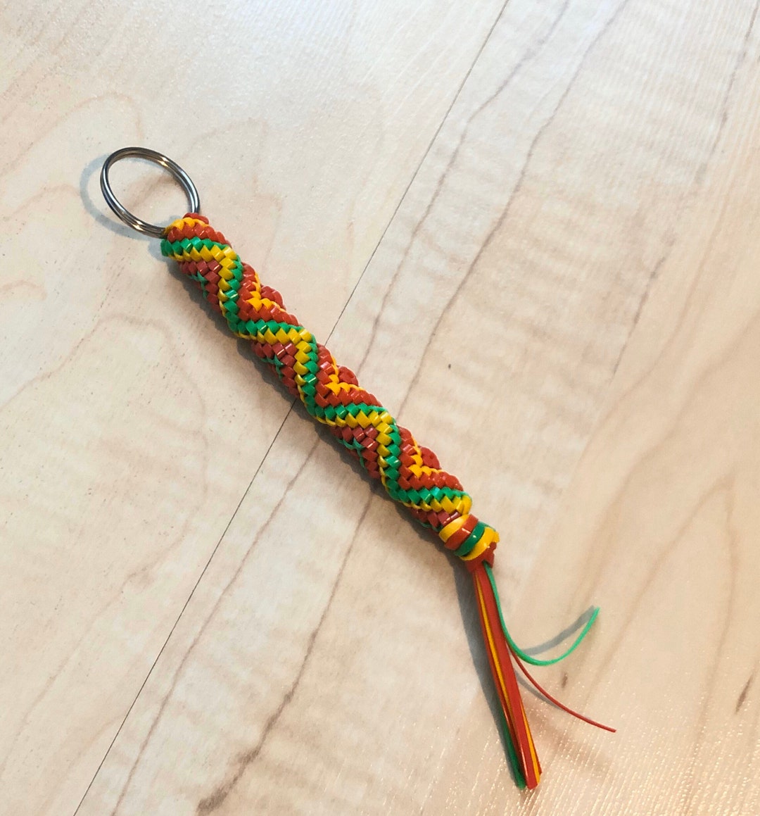 Boondoggle Keychain, Red, Yellow, and Green Gimp Keychain, Zig Zag ...