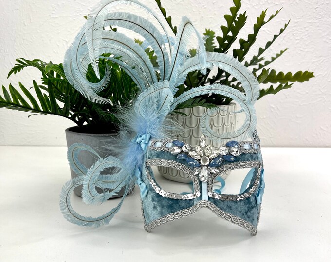 Blue Velvet Masquerade Mask - Venetian Style - Bejeweled - Silver ...