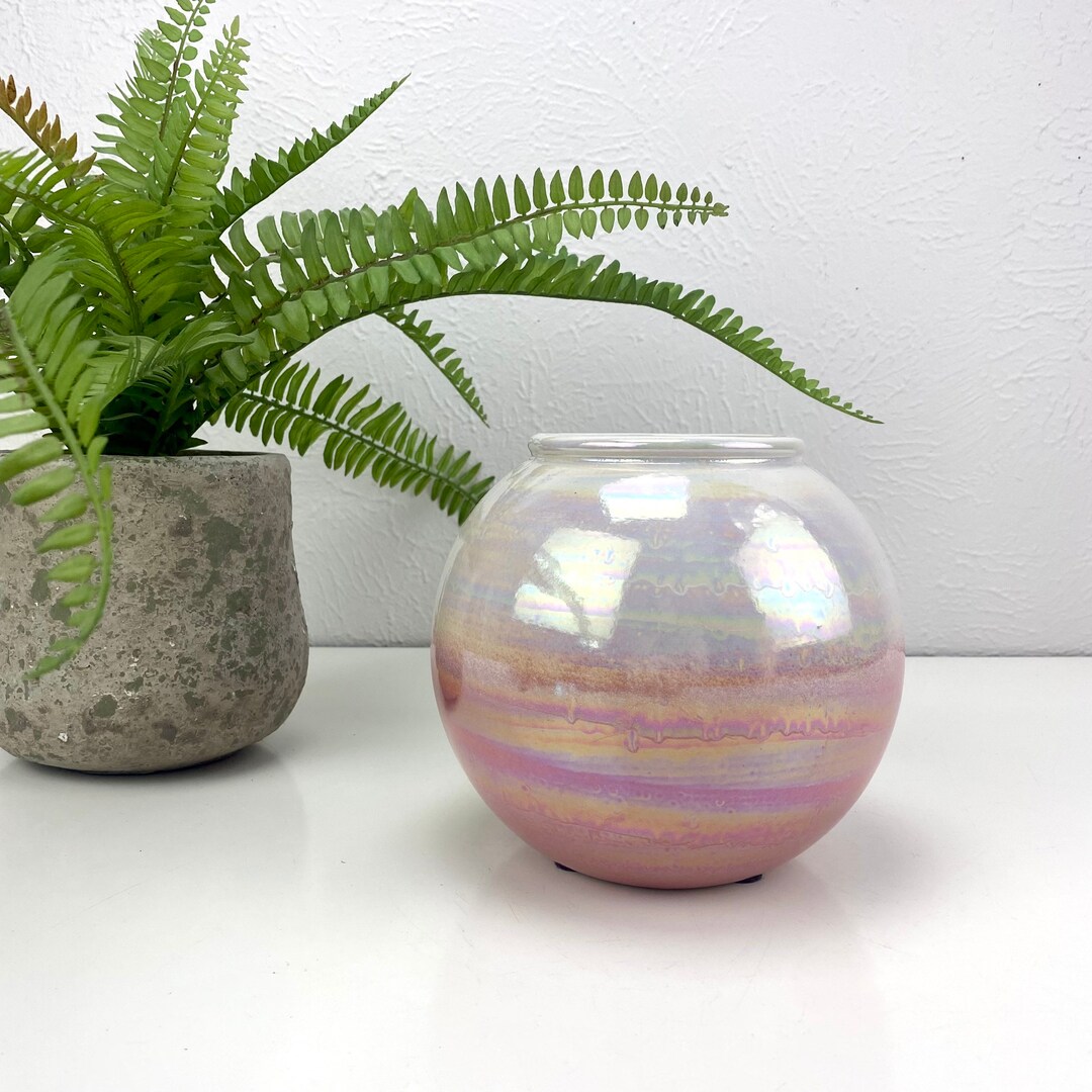 Vintage Ceramic Orb Vase - West Germany - Iridescent Pink Ombre Drip ...