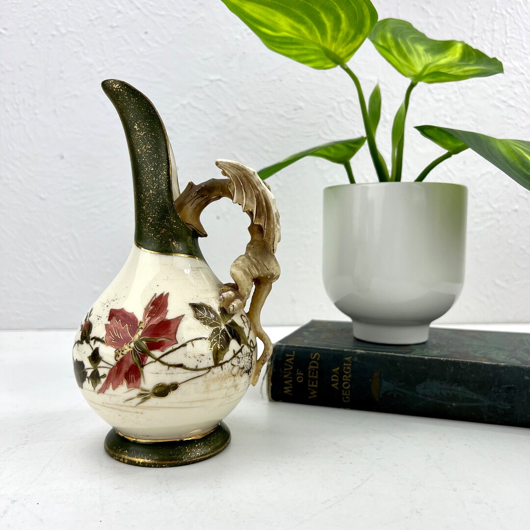 Dragon Handled Pitcher - Wild Red Roses - 22K Gold Detailing - Hand ...