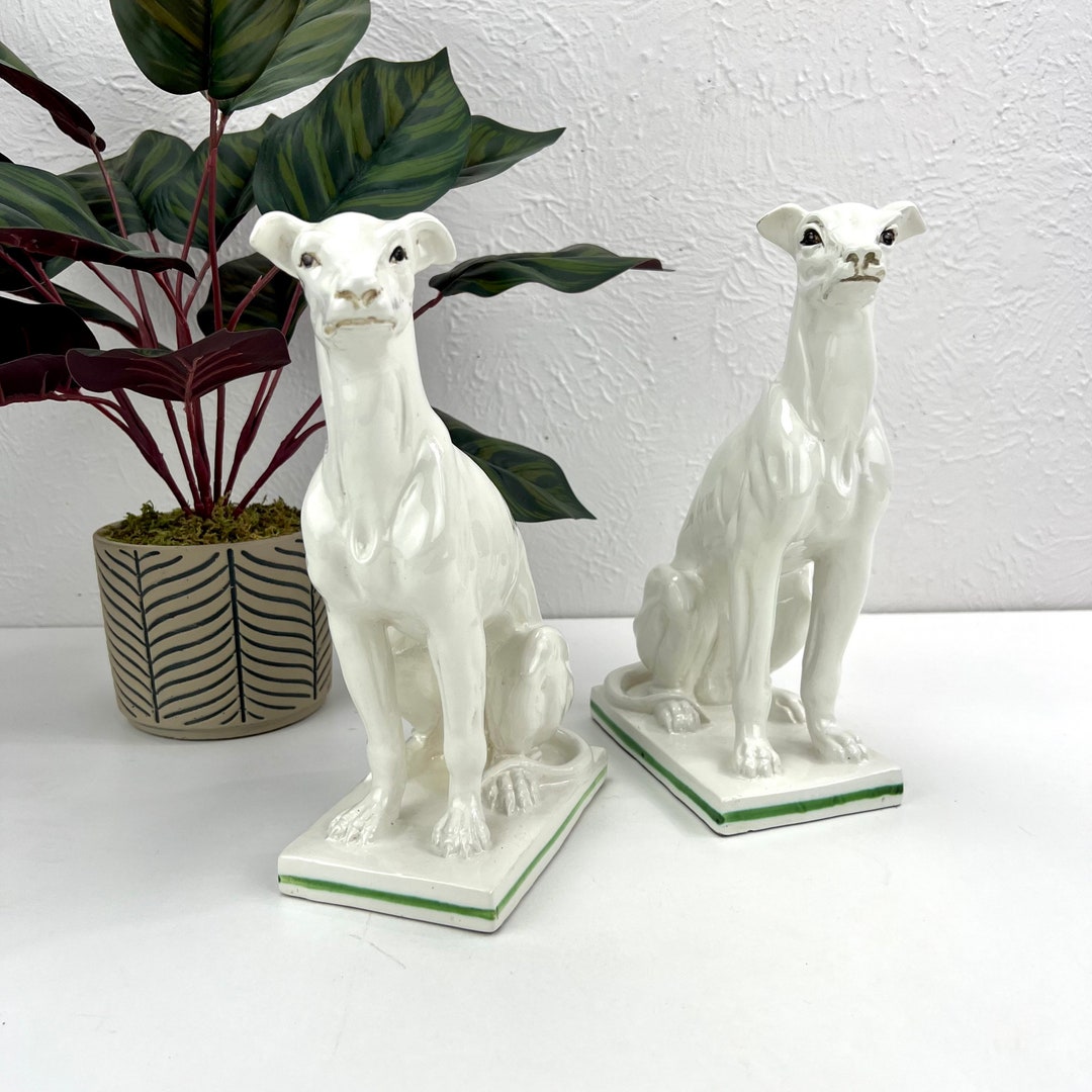 Italian Ceramic Whippet Statues - White Greyhound Bookend Pair - Set of ...