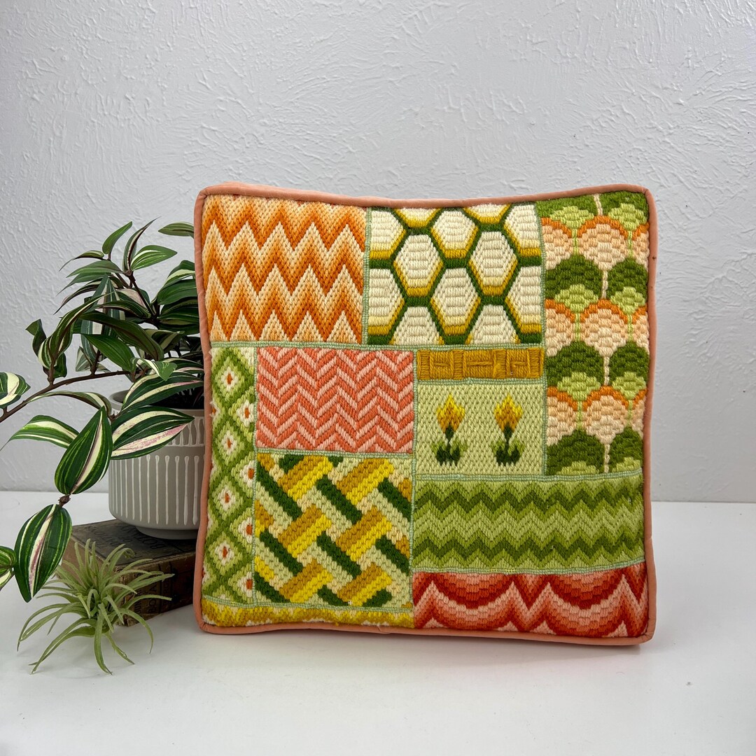 Vintage Bargello Needlepoint Sampler Pillow - Pink, Green, Orange, Yellow & Brown - Pink Velvet ...
