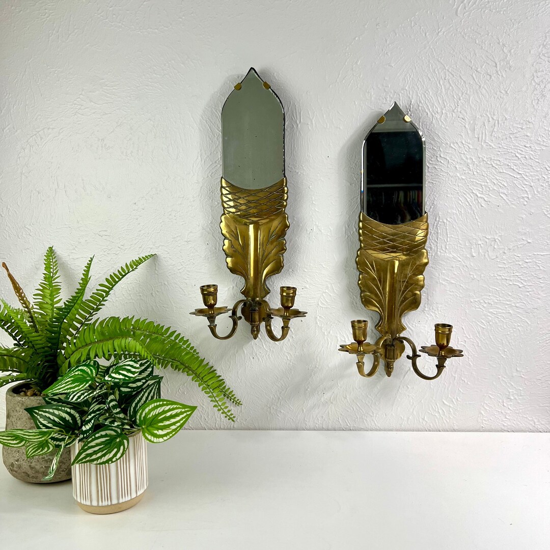 Mirrored Brass Acorn Candle Sconces - Set of Two - Double Wall Sconce ...
