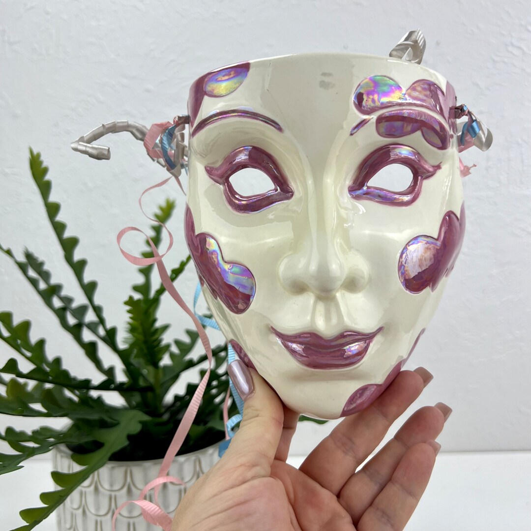 Vintage Ceramic Wall Mask - Iridescent Pink Clouds - Jester Clown ...