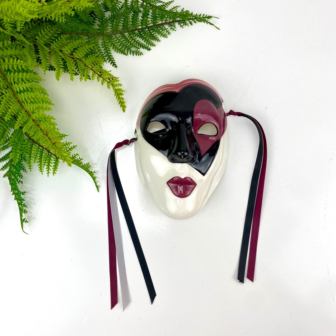 Ceramic Jester Wall Mask - Black Heart - Ruby Red Heart - Carnival ...
