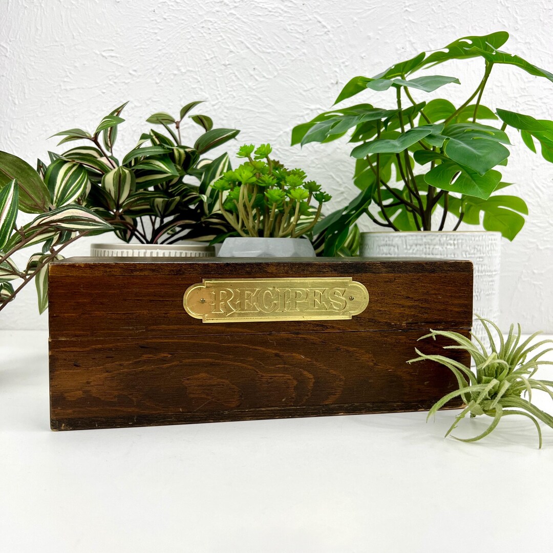 Wood Recipe Box Double Wide Brass Recipe Plate Rustic Old World Kitchen ...