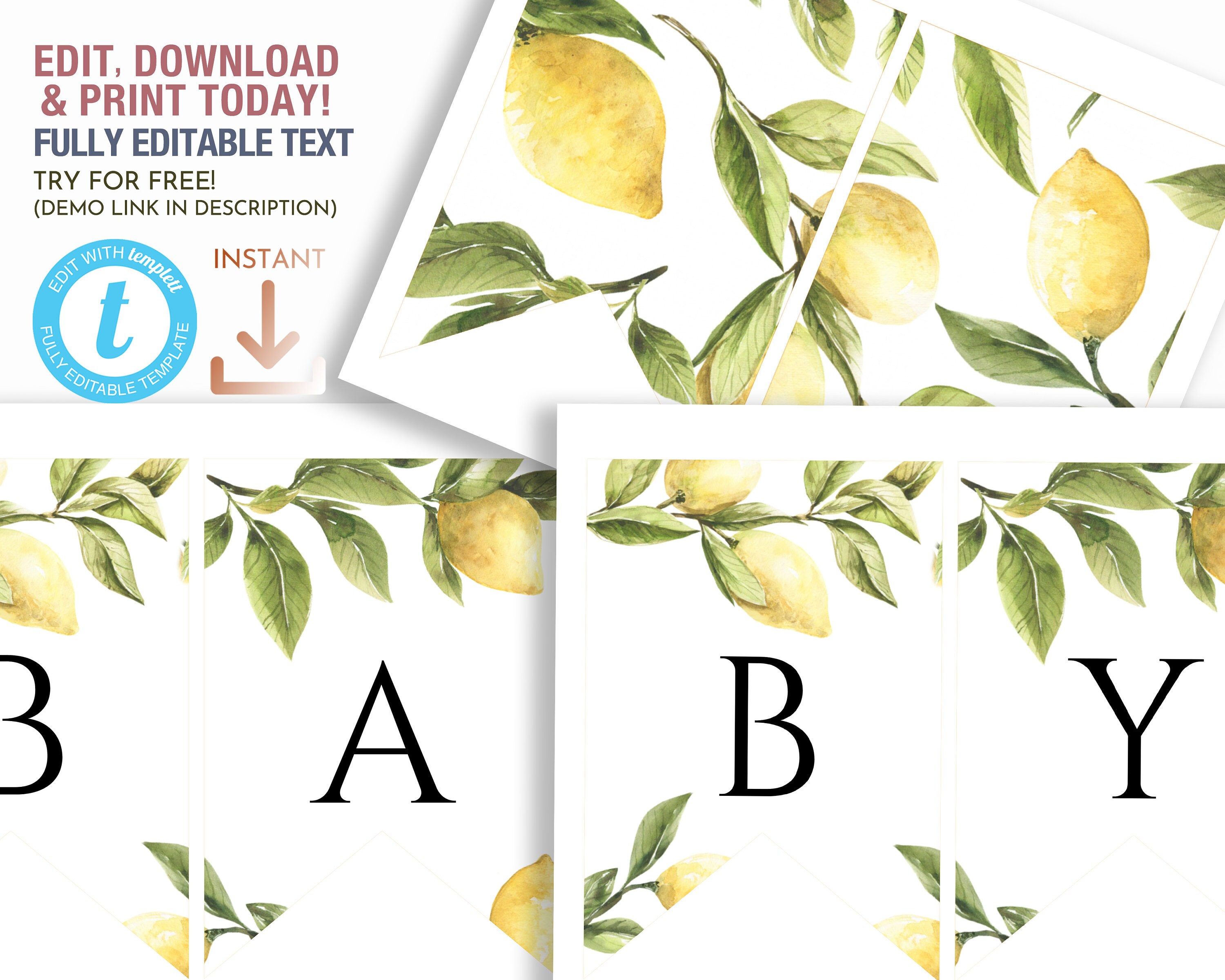 Lemon Greenery Bunting, Summer Citrus Theme Printable Garland, Editable ...