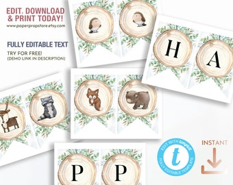 Woodland Animals Floral Printable Birthday Banner Bunting A - Etsy