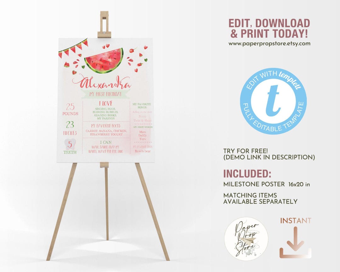 Pink Watermelon First Birthday Milestone Board, One in a Melon Party ...