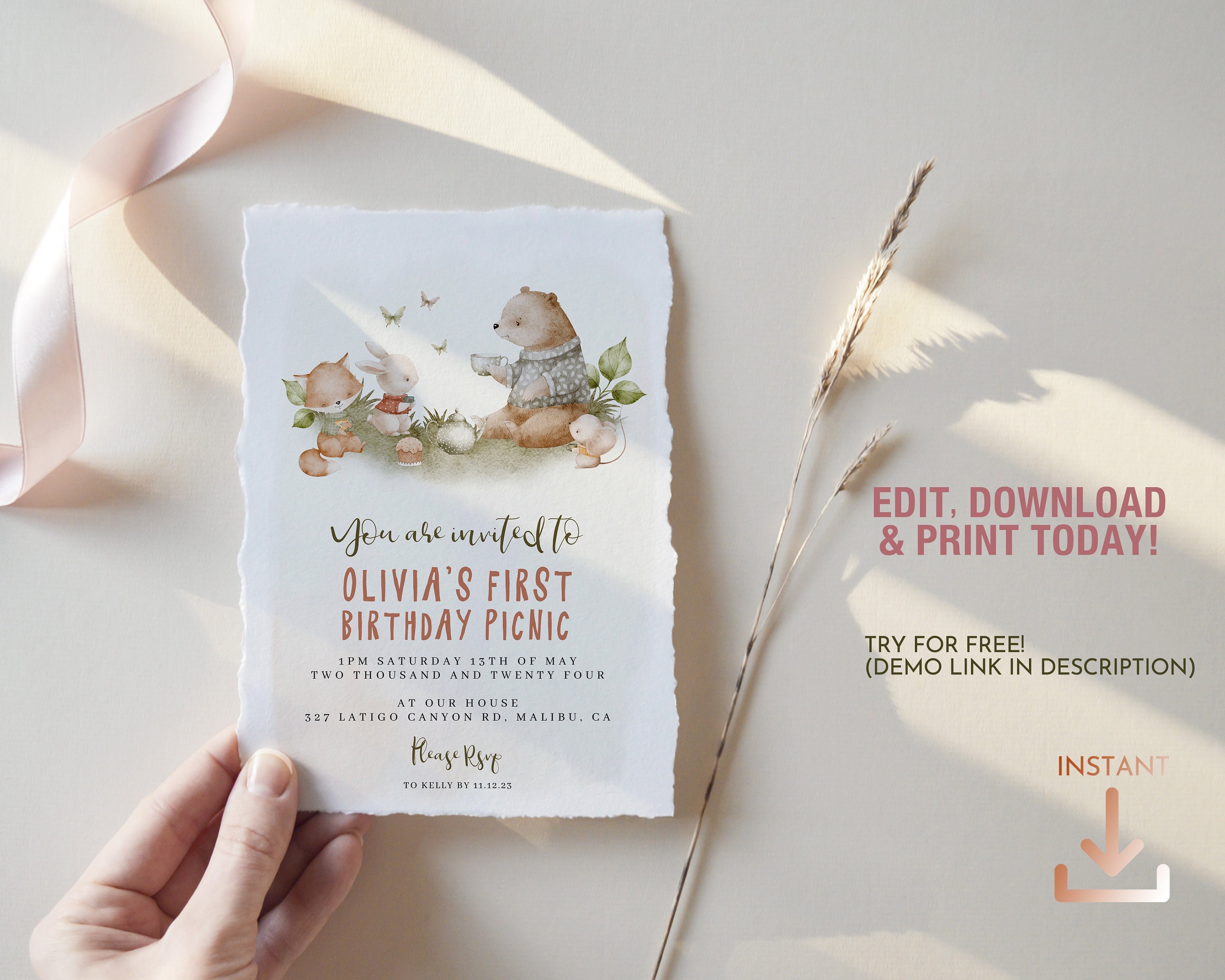 Printable Picnic Birthday Invitation, Forest Animals Tea Party, Outdoor ...