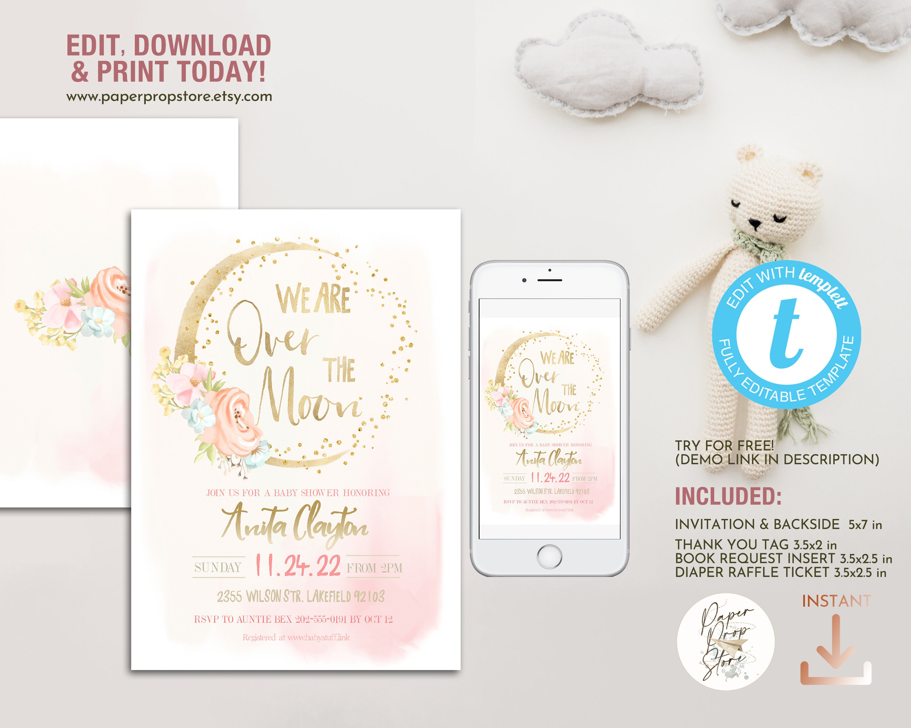 We Are Over the Moon Editable Baby Girl Shower Invitation Set, Cute ...