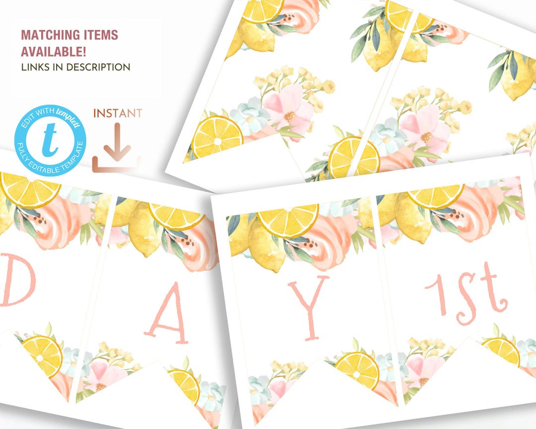 Lemonade Sunshine Floral Bunting, Summer Theme Printable Garland ...