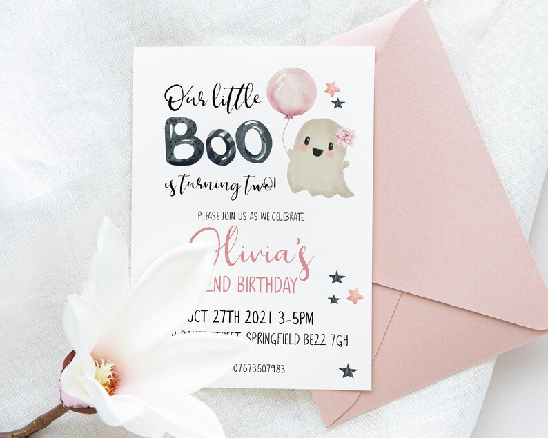 Little Boo Halloween Birthday Girl Editable Invitation, Cute Pink Ghost ...