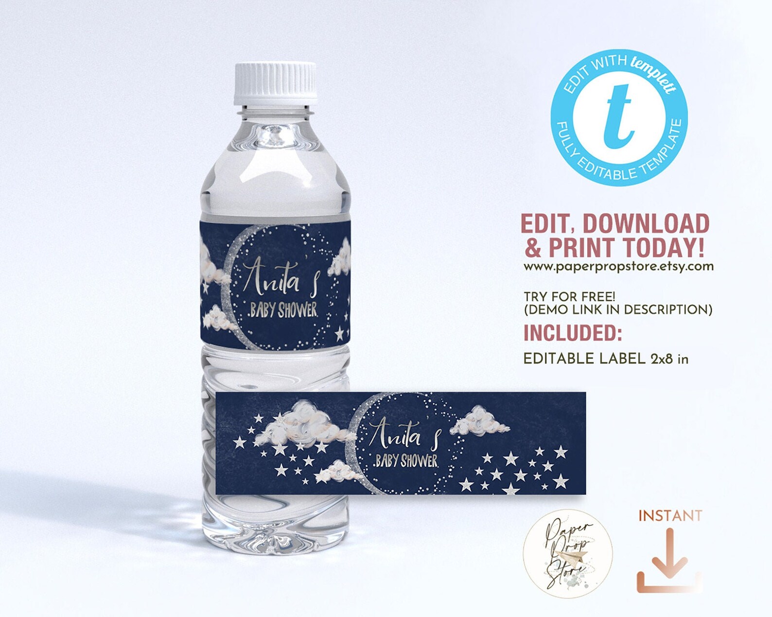 Over the Moon Navy Blue and Silver Starry Night Water Bottle Label ...