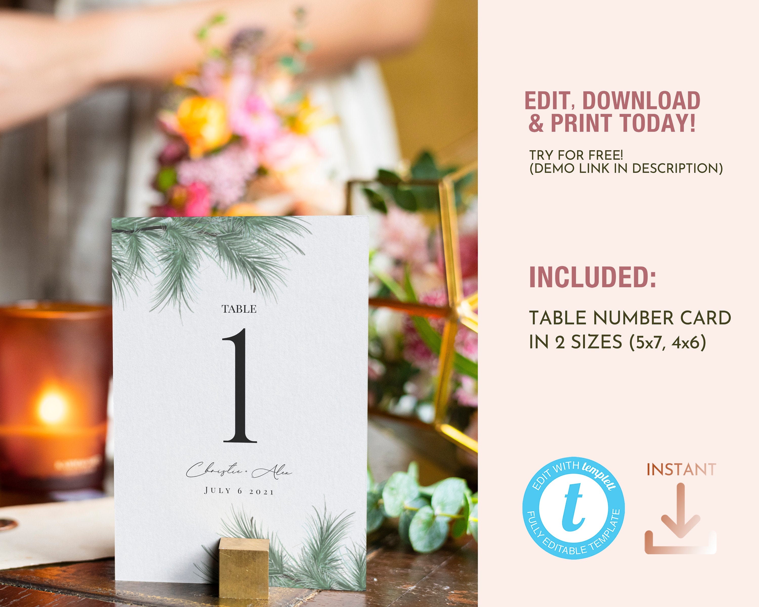 Printable Winter Wedding Table Number Sign Evergreen Editable - Etsy