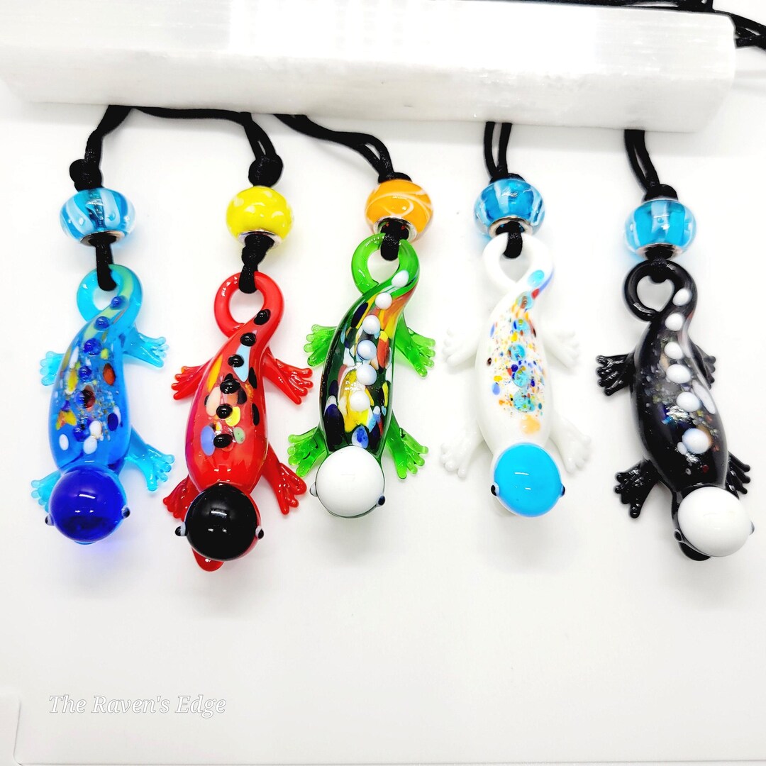Handmade Blown Glass Salamander Necklace | Whimsical Colorful Lizard ...
