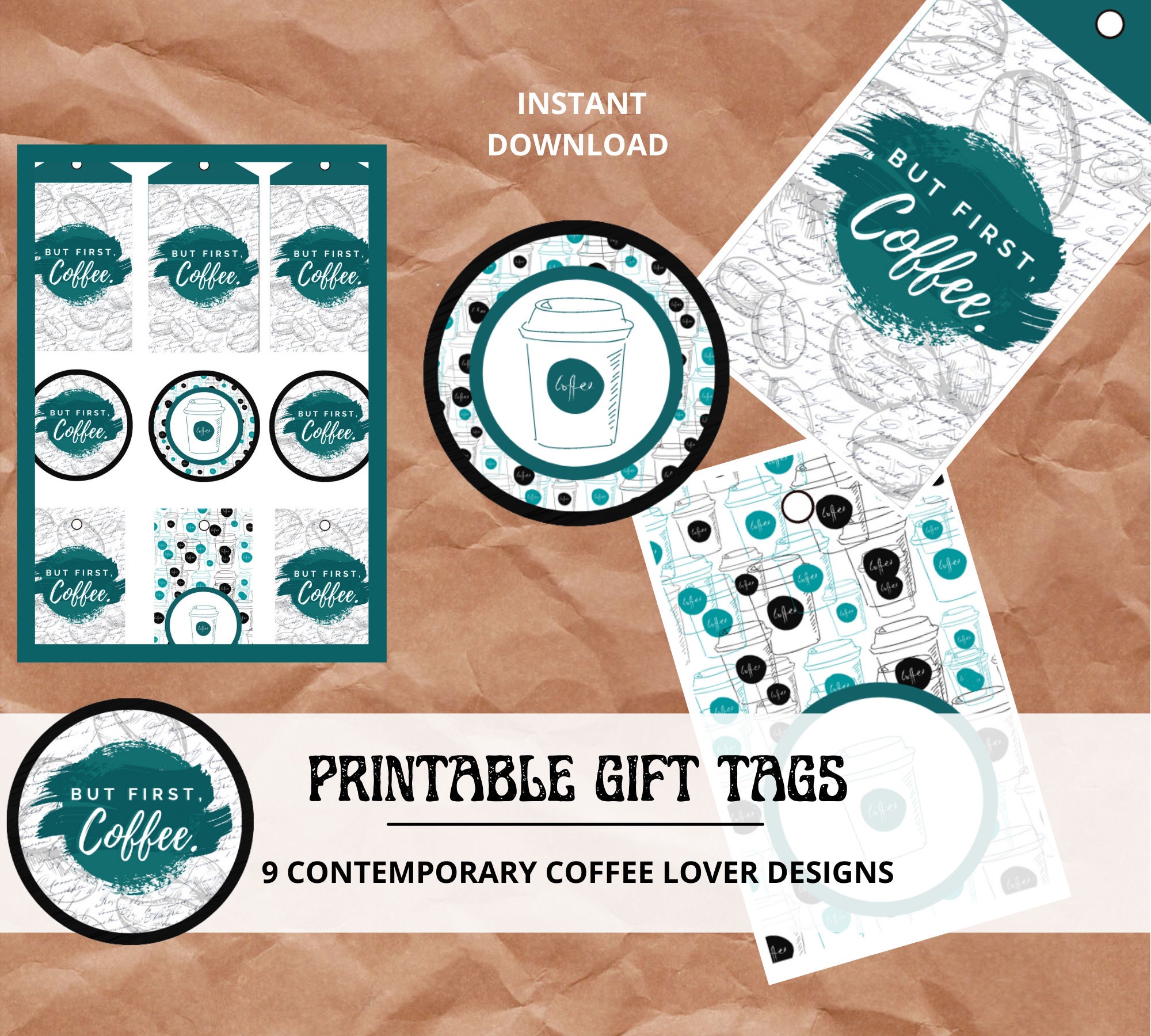 PRINTABLE GIFT TAGS, but First Coffee, Digital Download, Print at Home ...