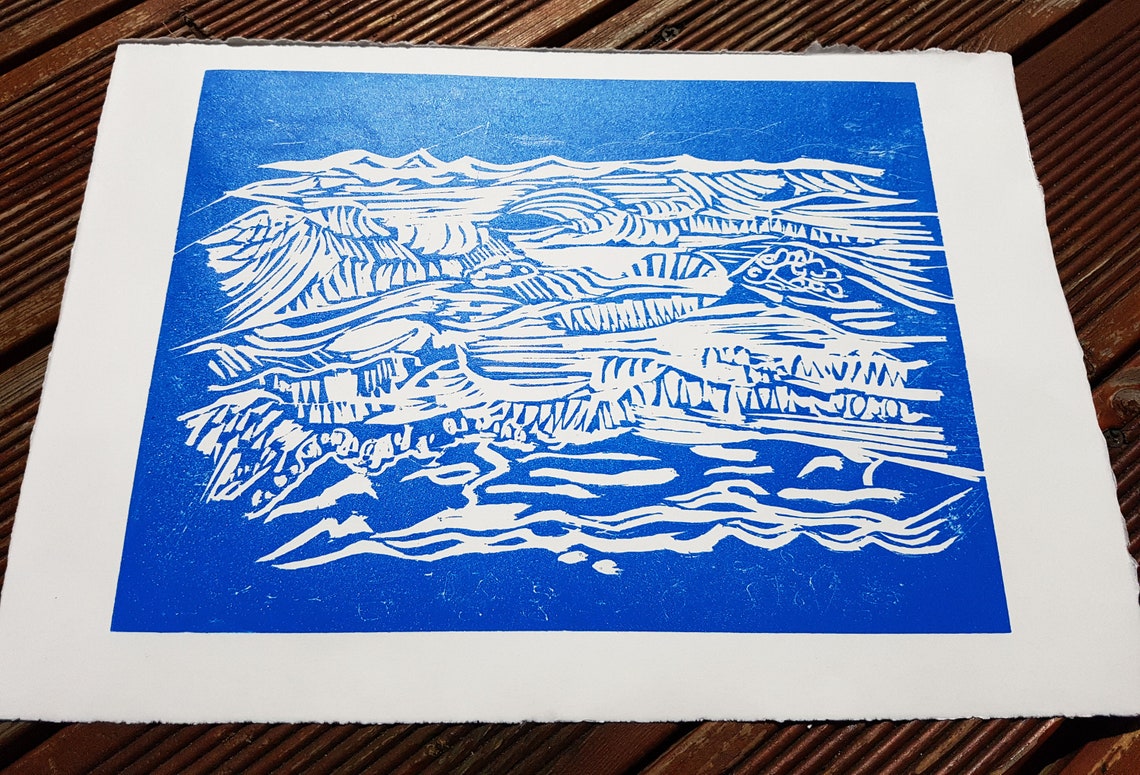 Waves Woodcut, Original Hand Printed Carving. Blue Sea Waves, Small ...