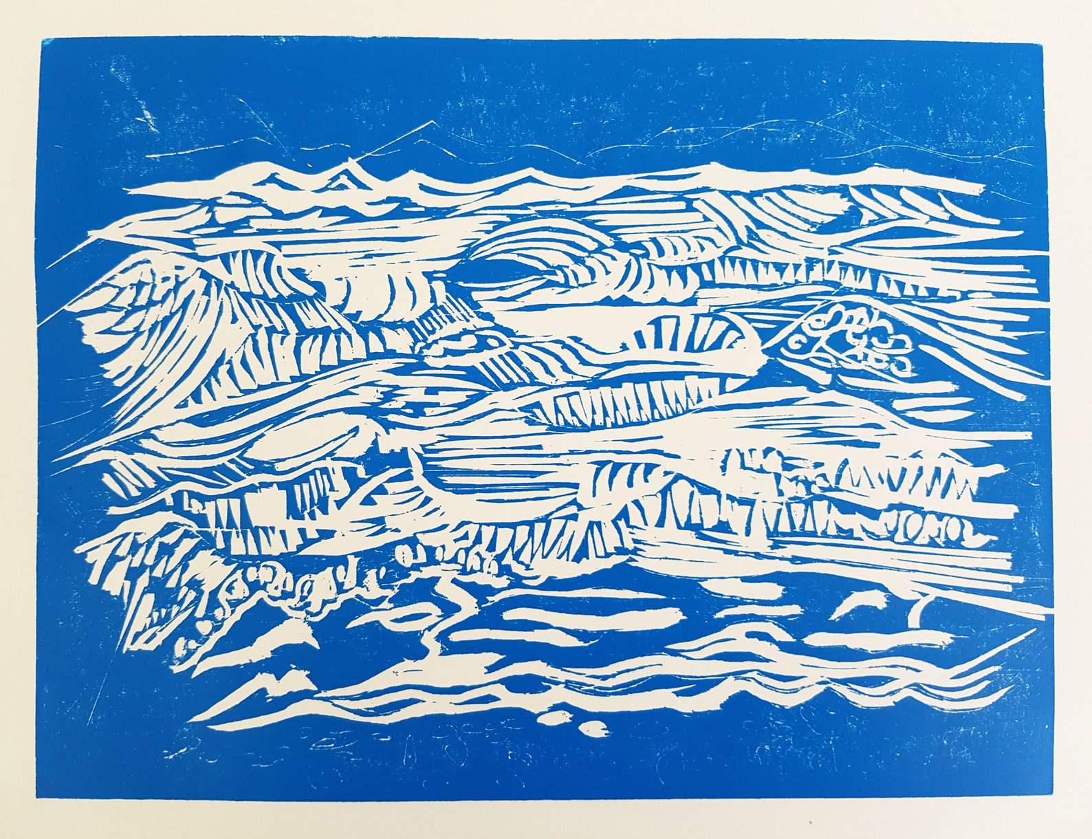 Waves Woodcut, Original Hand Printed Carving. Blue Sea Waves, Small ...