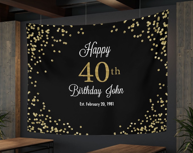 40th Birthday Backdrop, Black and Gold Party Decor, 50th Birthday ...