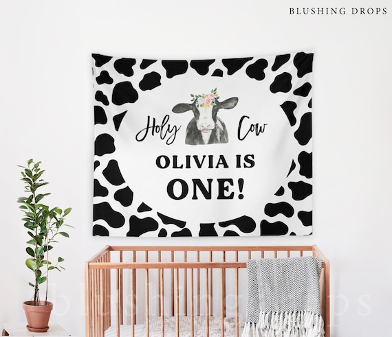 Cow 1st Birthday Party Backdrop, Girl 1st Birthday Banner, Holy Cow I'm ...