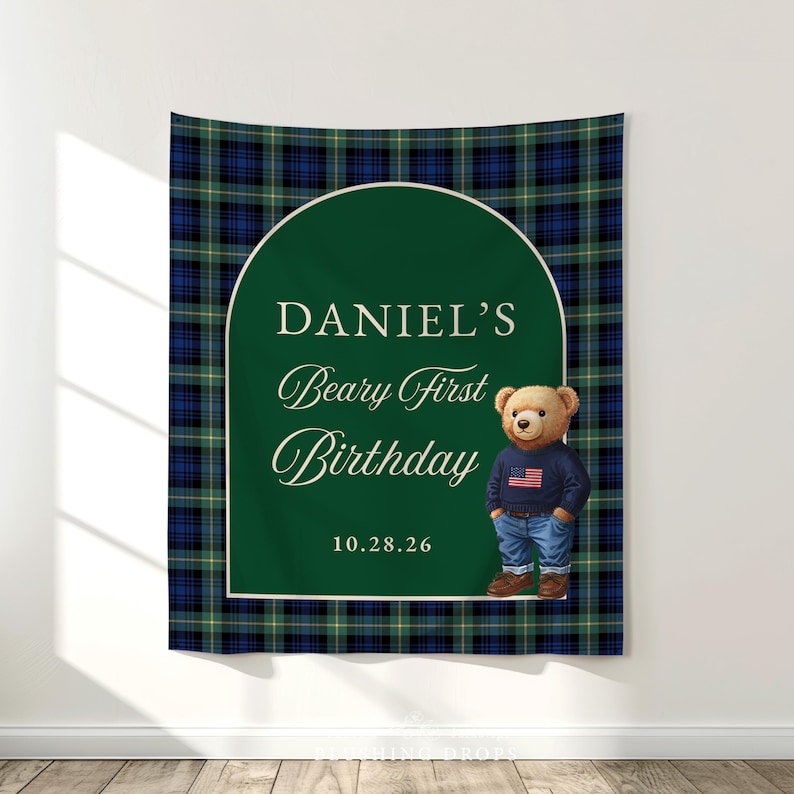 Beary First Birthday Backdrop, Luxury Teddy Bear Birthday Banner, Plaid ...