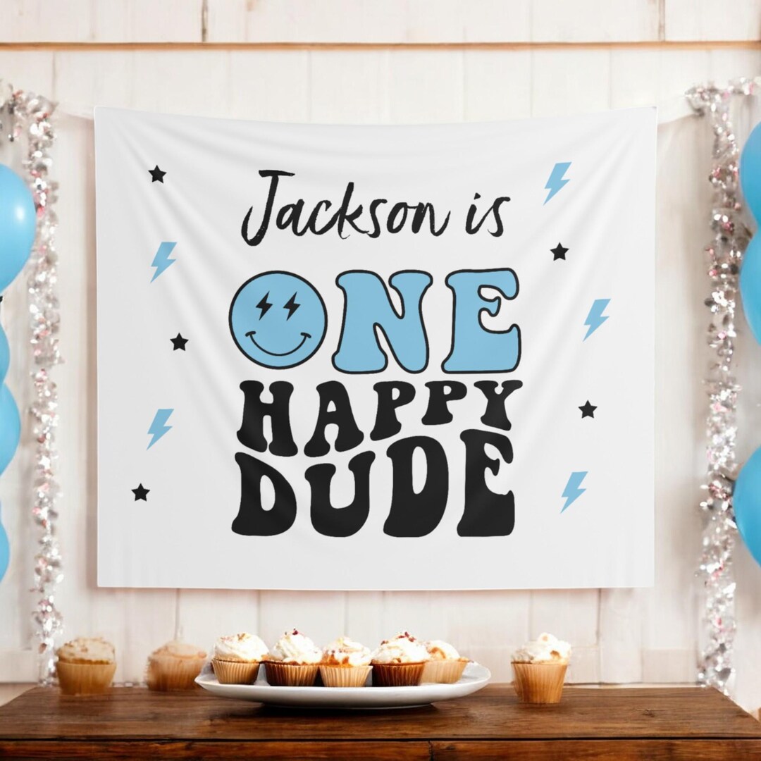 Blue Retro One Happy Dude Birthday Party Backdrop, One Happy Dude ...