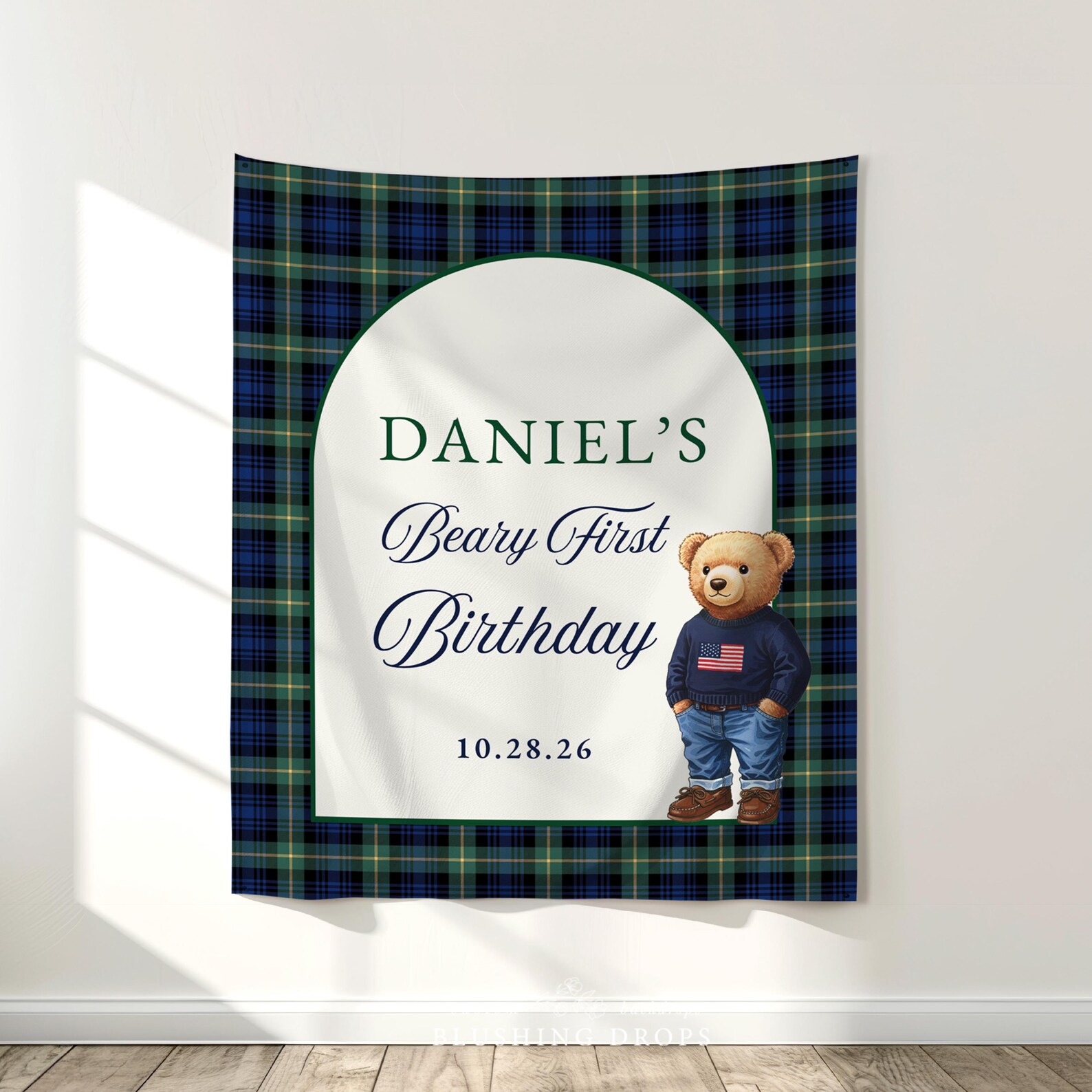 Beary First Birthday Backdrop, Luxury Teddy Bear Birthday Banner, Plaid ...