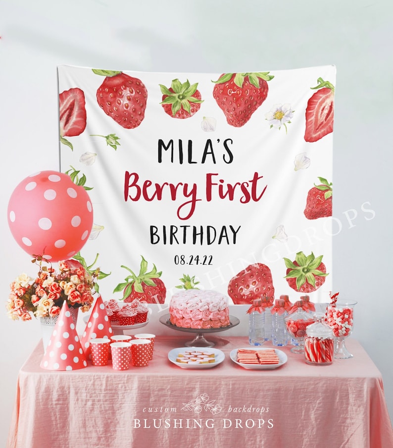 Berry First Birthday Backdrop, Strawberry Backdrop, Strawberry Birthday ...
