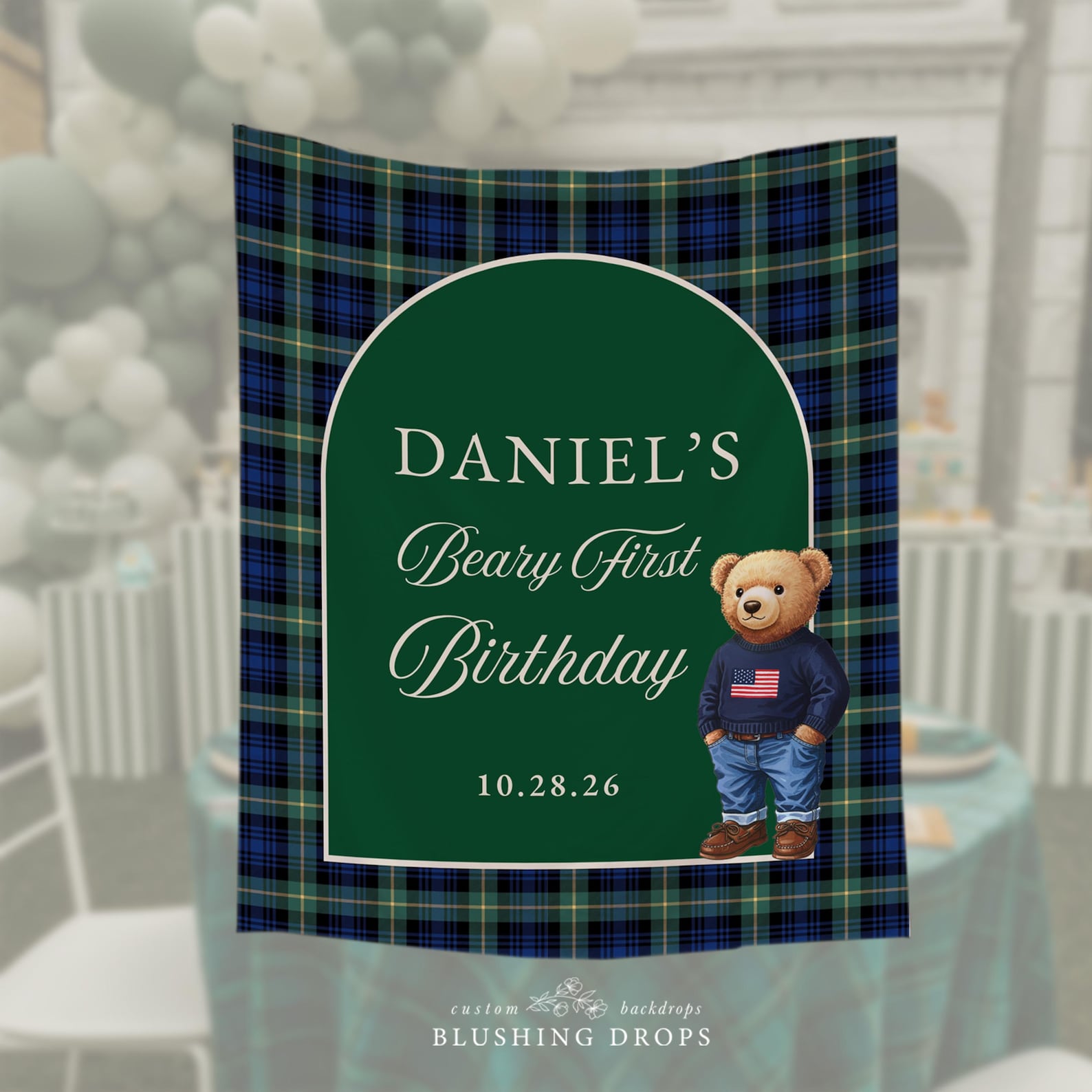Beary First Birthday Backdrop, Luxury Teddy Bear Birthday Banner, Plaid ...