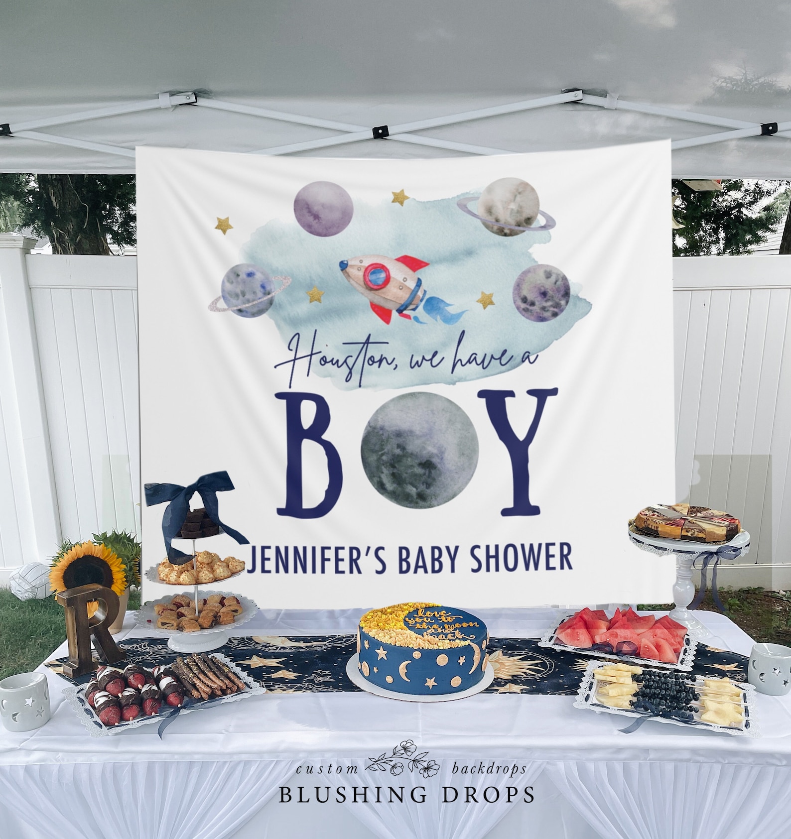 Space Baby Shower Backdrop, Planets Boy Baby Shower Banner, Houston We ...