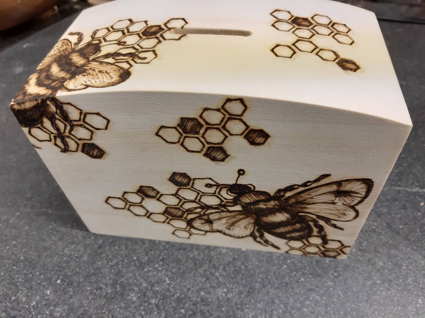 Bee Bumblebee Wooden Money Box, Piggy Bank, Pyrography, Wood Burned ...