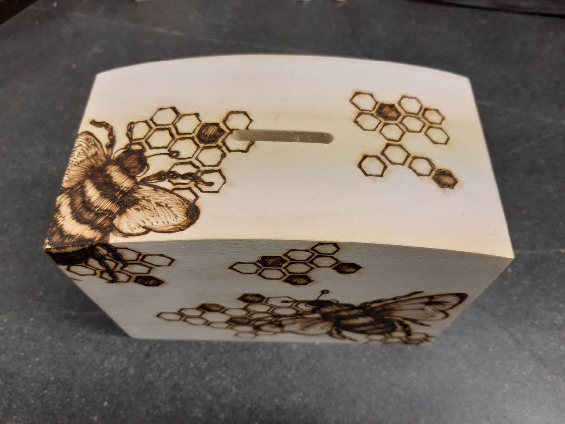 Bee Bumblebee Wooden Money Box, Piggy Bank, Pyrography, Wood Burned ...