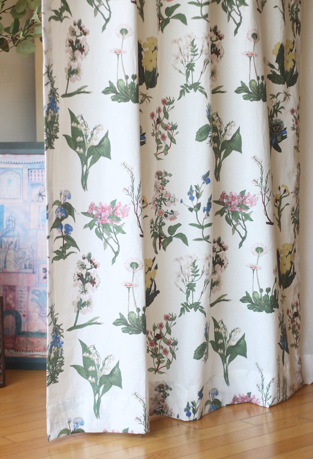 Washed Linen Curtains White Farmhouse Cottage Drapery Botanical ...