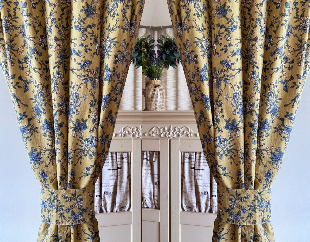 Set of 2 Mustard Yellow Linen Curtains Farmhouse Linen Drapes Retro ...