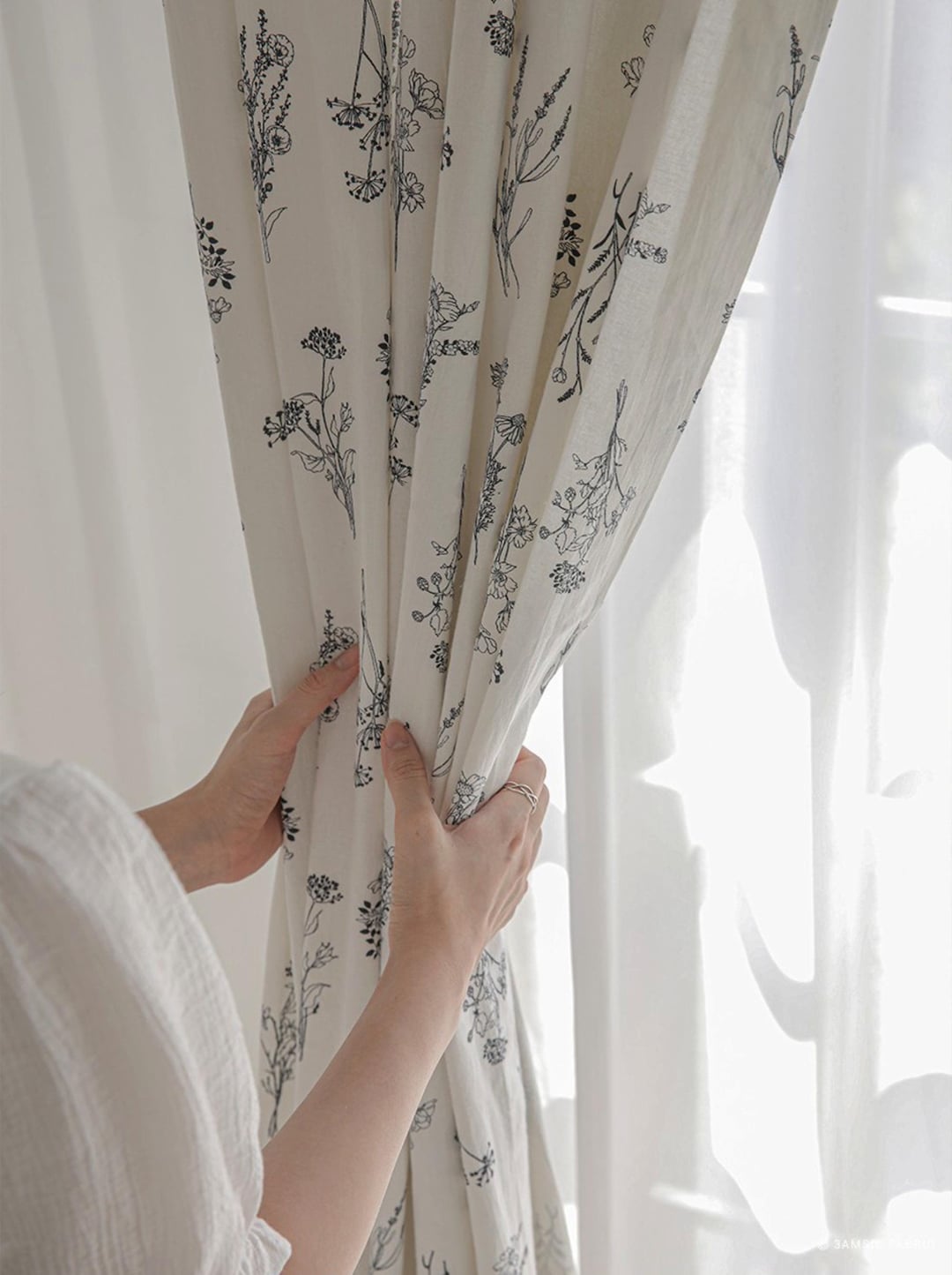 Ivory Floral Linen Curtain Deep Blue Herb Sketch Pattern Panel ...