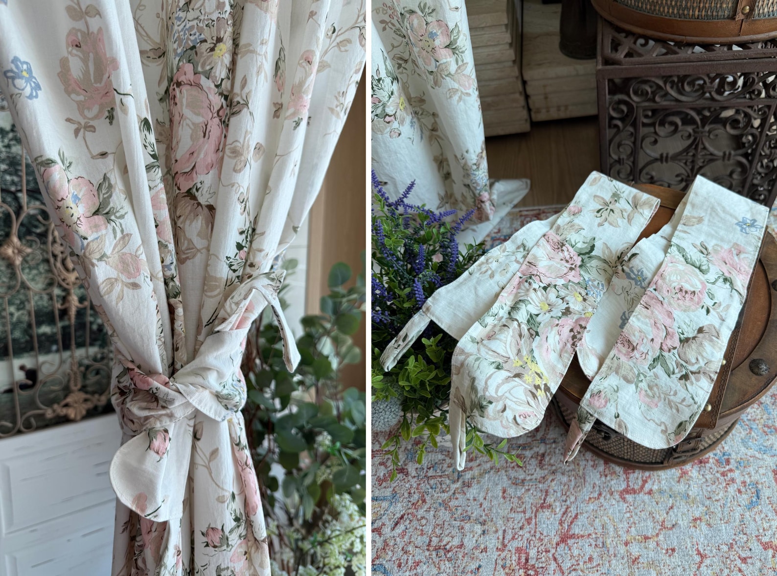 Vintage Floral Linen Curtains French Country Rose Shabby Chic ...