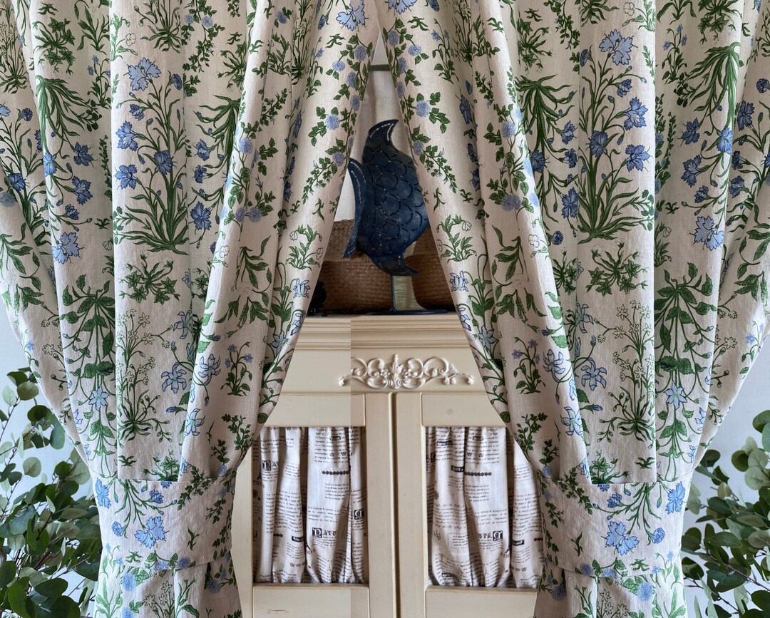 Set of 2 Wildflower Botanical Curtain Panel Farmhouse Linen Curtains ...