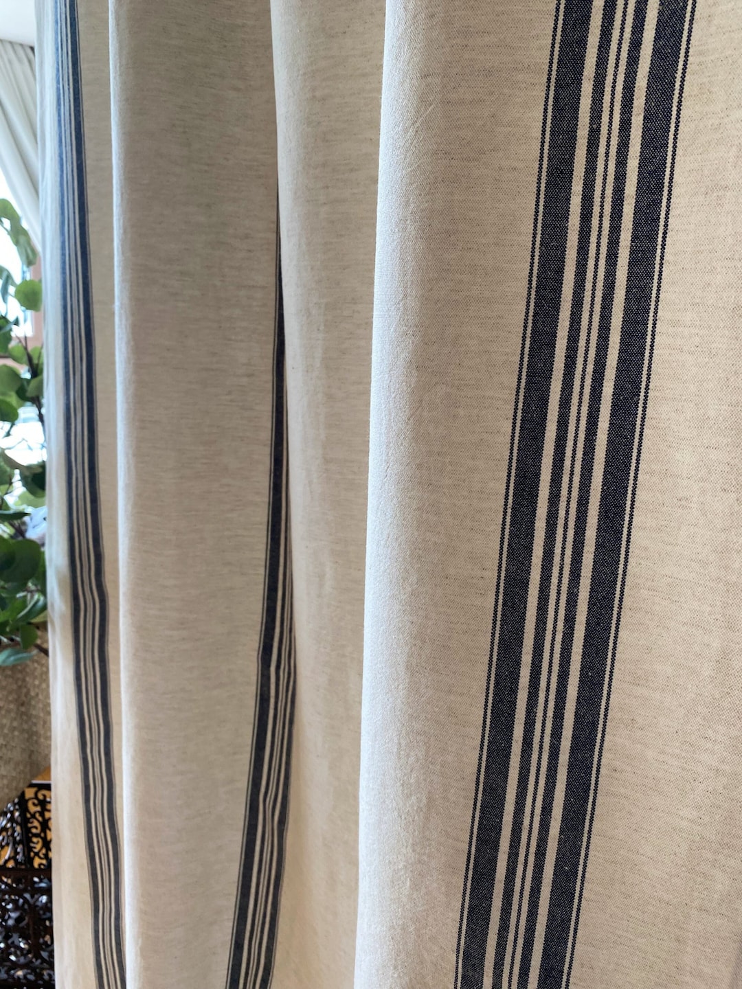 French Country Grain Sack Stripe Linen Curtains Navy Blue Farmhouse ...