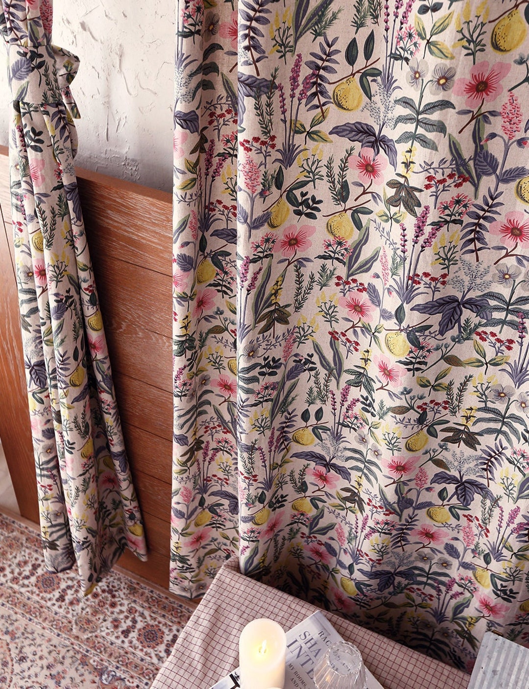 Set of 2 Wildflower Botanical Curtain Panel Farmhouse Linen Curtains ...