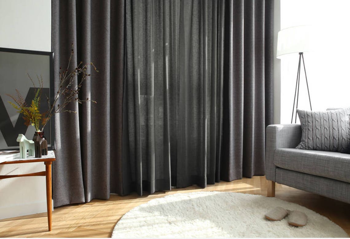 Dark Gray Linen Look Sheer Curtains Voile Drapery Curtains | Etsy
