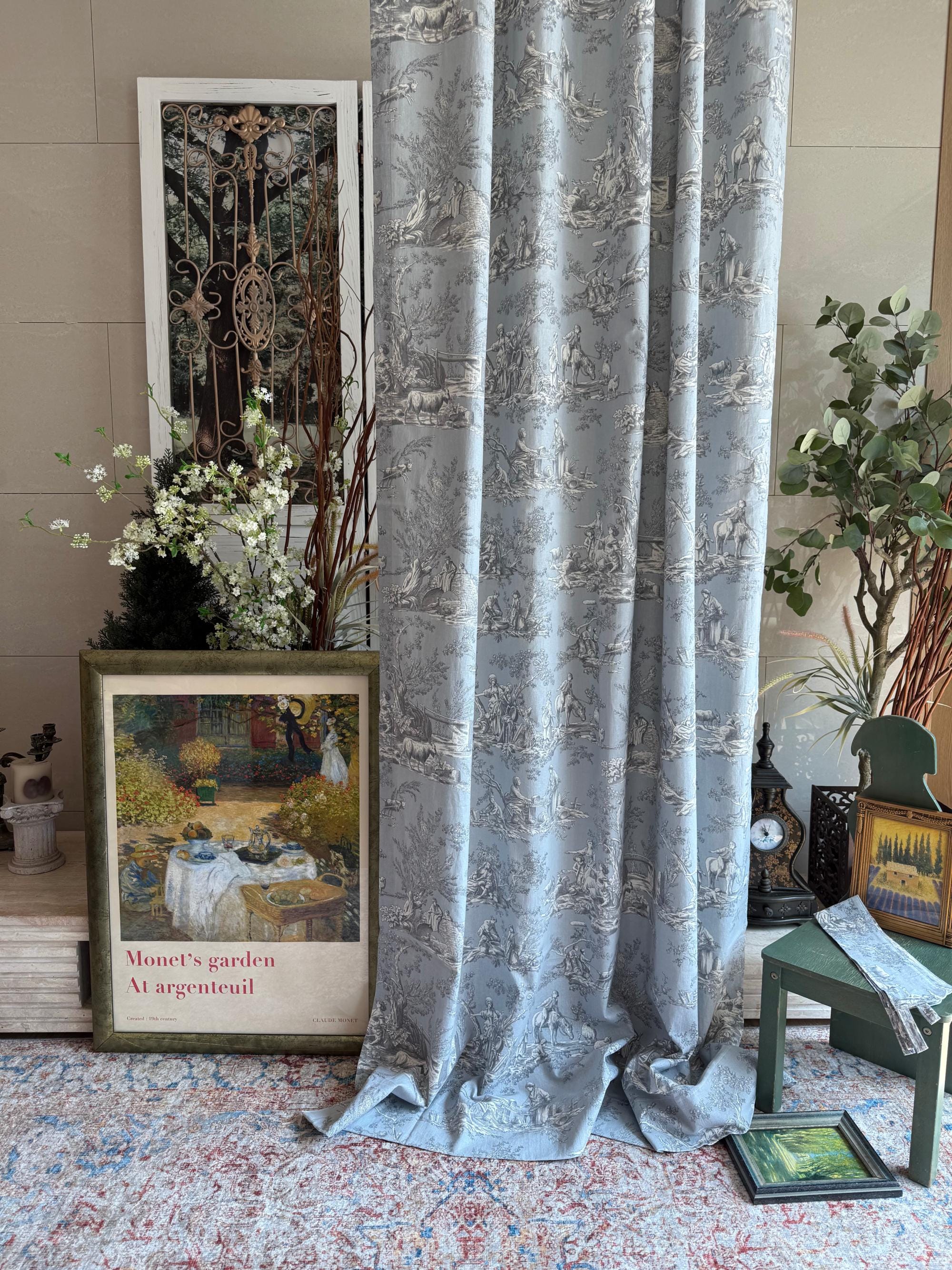 Dusty Blue Toile De Jouy Pattern Linen Curtains Panel French Country ...